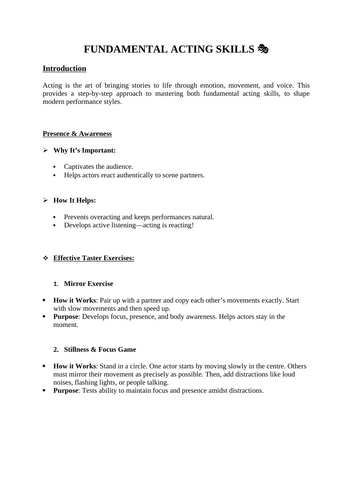Fundamental Acting Skills Notes & Worksheets | Teaching Resources