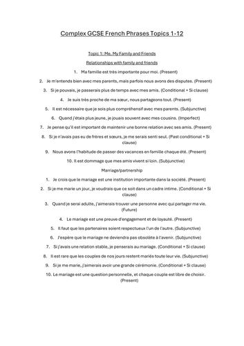 GCSE French Phrases Modules 1-12 | Teaching Resources