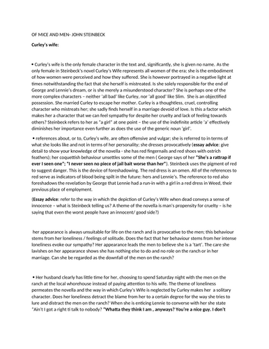 TEACHER RESOURCE: "Of Mice and Men" Bullet point notes Curley's wife ...
