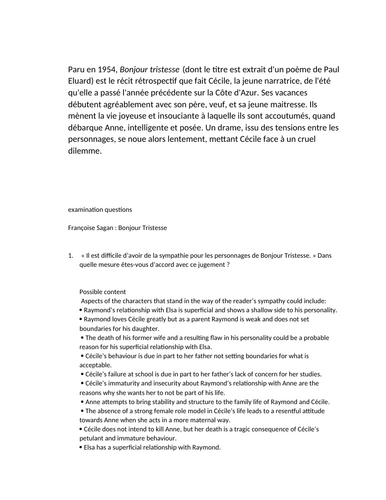 Bank of essay questions "Bonjour Tristesse" A LEVEL FRENCH | Teaching ...