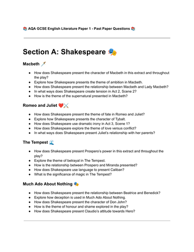 AQA GCSE Eng Lit Paper 1-Past Paper Qs | Teaching Resources