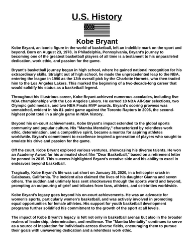 Kobe Bryant “Article & Questions” Assignment | Teaching Resources