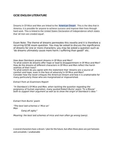 revision notes gcse english literature "Of Mice and Men" | Teaching ...