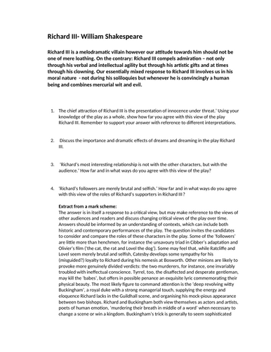 A LEVEL ENGLISH LITERATURE "Richard III" exam questions | Teaching ...