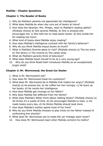 Matilda - questions for each chapter | Teaching Resources