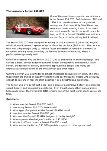 Reading Comprehensions - Sports Cars | Teaching Resources