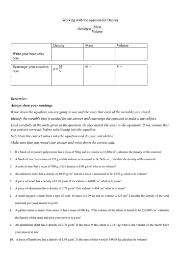 Differentiated Calculations on Density | Teaching Resources