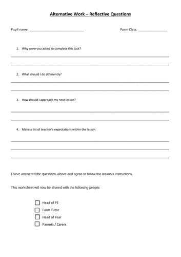 Alternative work - Reflective questions | Teaching Resources