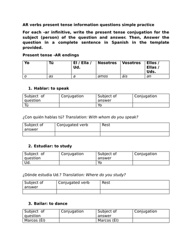AR verbs present tense information questions simple practice | Teaching ...