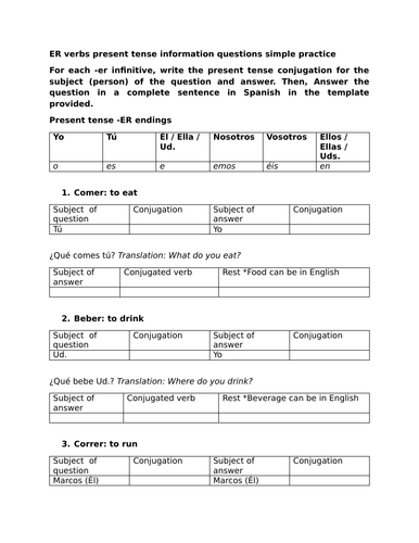 ER verbs present tense information questions simple practice | Teaching ...
