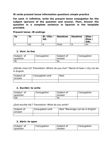 IR verbs present tense information questions simple practice | Teaching ...