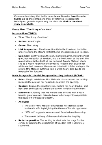'The Story of An Hour' : Critical Essay plan | Teaching Resources