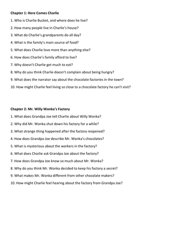 Charlie and the Chocolate Factory - chapter questions | Teaching Resources