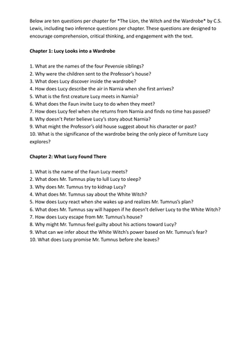 The Lion, the Witch and the Wardrobe chapter questions | Teaching Resources