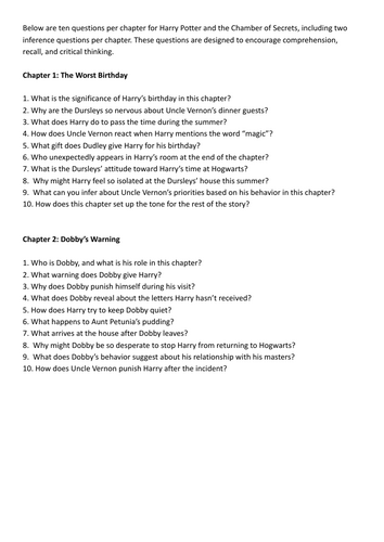Harry Potter and the Chamber of Secrets - chapter questions | Teaching ...