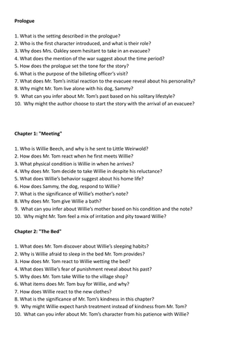 Goodnight Mr Tom questions for each chapter | Teaching Resources