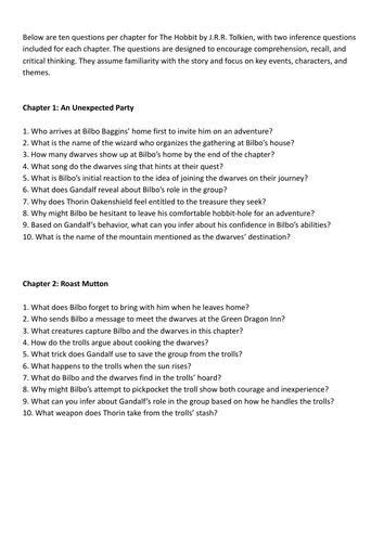 The Hobbit - questions for each chapter | Teaching Resources