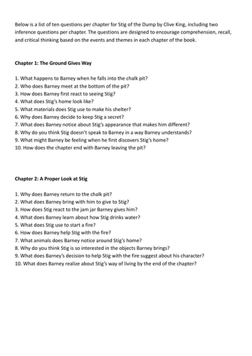Stig of the Dump - chapter questions | Teaching Resources
