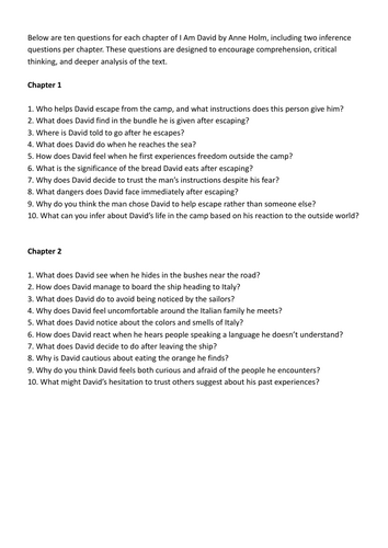 I Am David by Anne Holm questions per chapter | Teaching Resources