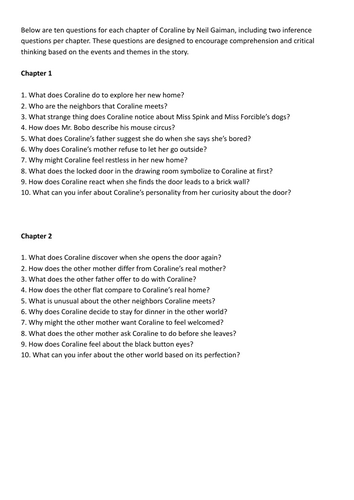 Coraline by Neil Gaiman questions per chapter | Teaching Resources