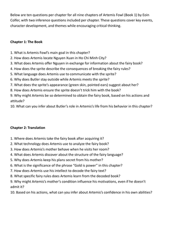 Artemis Fowl by Eoin Colfer chapter questions | Teaching Resources
