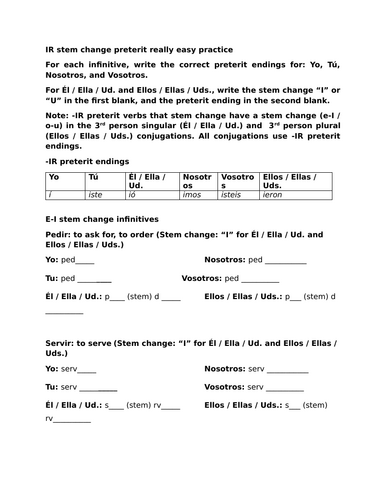 IR stem change preterit really easy practice | Teaching Resources