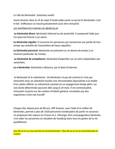 A LEVEL FRENCH SPEAKING EXAM: Le role du benevolat: questions and ...