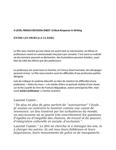 Writing a Critical Response: A LEVEL FRENCH: Entre Les Murs: model ...