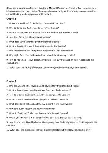 Reading Comprehension Friend or Foe chapter questions | Teaching Resources