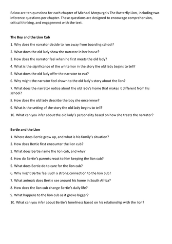 Butterfly Lion - reading comprehension | Teaching Resources