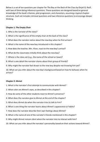 Reading Comprehension The Boy at the Back of the Class - chapter ...