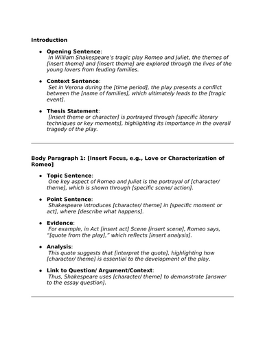 Romeo & Juliet essay plan/structure | Teaching Resources