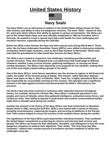 U.S. Navy Seals “Article & Questions” Assignment | Teaching Resources