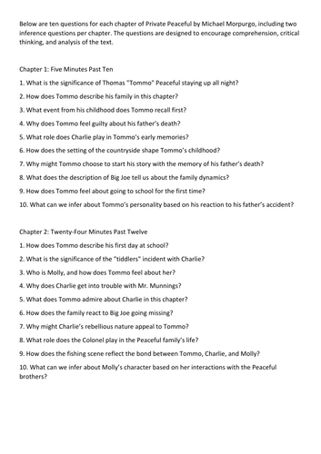 Reading Comprehension Private Peaceful | Teaching Resources