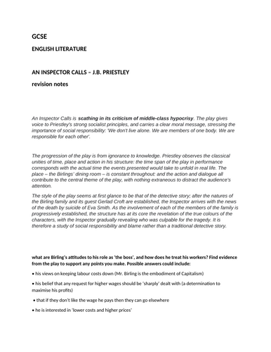 "An Inspector Calls" essay questions for "GCSE" | Teaching Resources