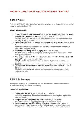 Macbeth Cheat Sheets for GCSE English Literature AQA | Teaching Resources