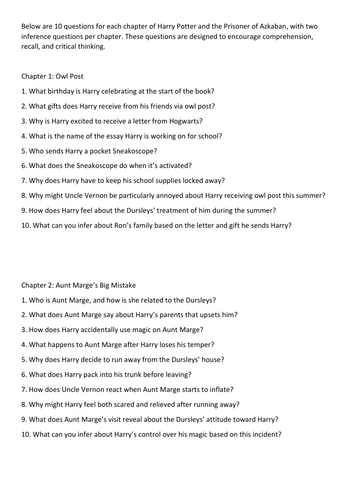 Chapter Questions - Harry Potter and the Prisoner of Azkaban | Teaching ...
