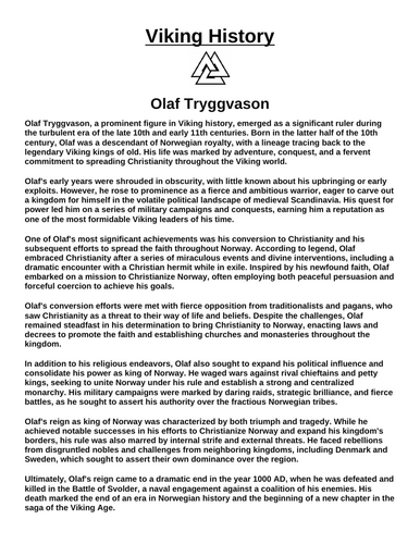 Olaf Tryggvason “Article & Questions” Assignment | Teaching Resources