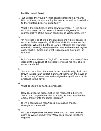 A LEVEL ENGLISH LITERATURE exam questions "Lord Jim" | Teaching Resources