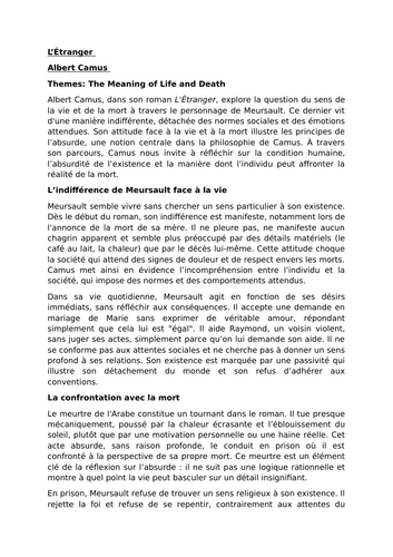 L’Étranger - Albert Camus - Themes: The Meaning of Life and Death - A ...
