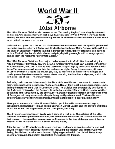 101st Airborne “Article & Questions” Assignment (World War II ...