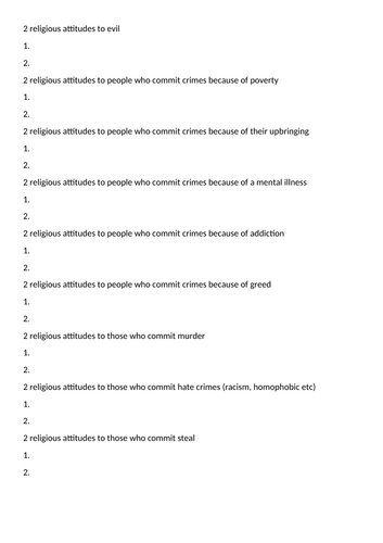 AQA GCSE RE Theme E 2 mark revision sheet | Teaching Resources