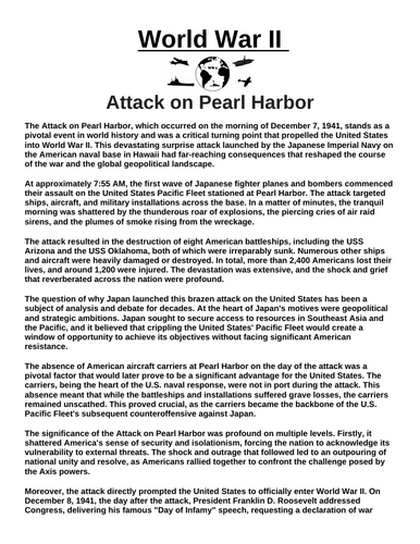 Attack on Pearl Harbor “Article & Questions” Assignment (World War II ...