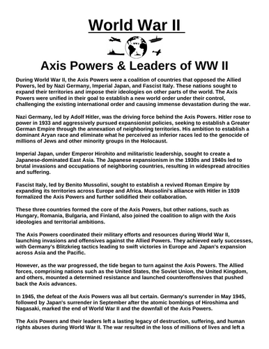 Axis Powers & Leaders of WW II “Article & Questions” Assignment (World ...