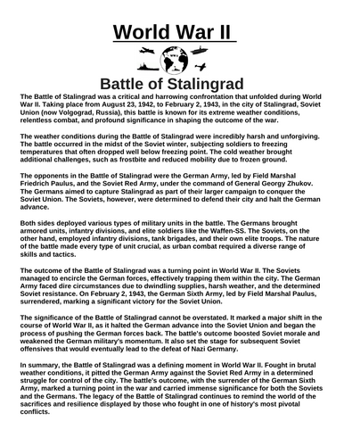 Battle of Stalingrad “Article & Questions” Assignment (World War II ...