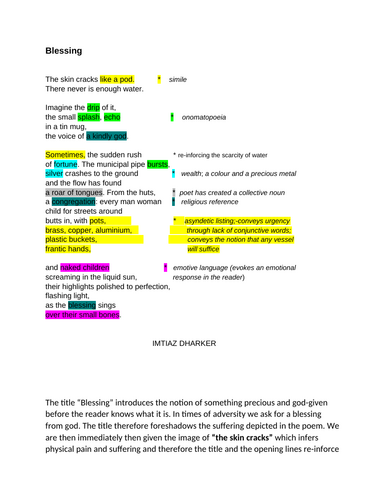 iGCSE English Literature poetry level 9 analysis "Blessing" | Teaching ...