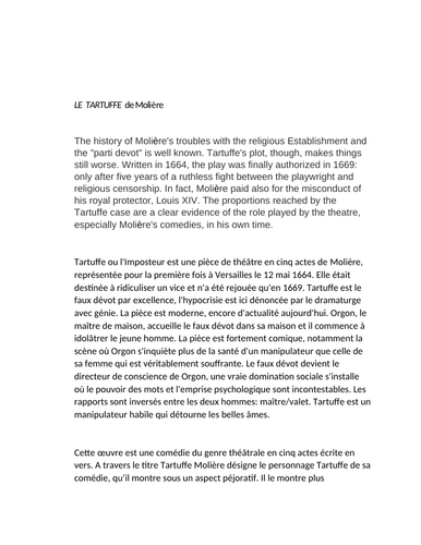 A LEVEL FRENCH revision "Le Tartuffe" | Teaching Resources