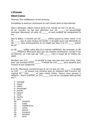 L’Étranger - Albert Camus - Themes: Indifference of the universe - A ...