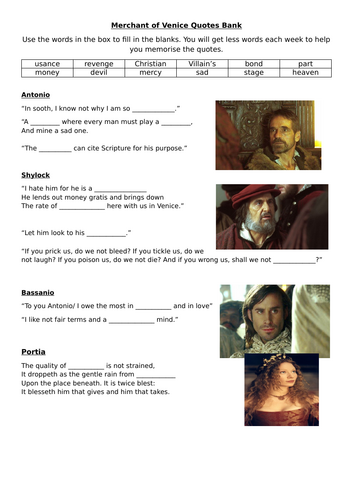 Merchant of Venice quotations worksheets | Teaching Resources