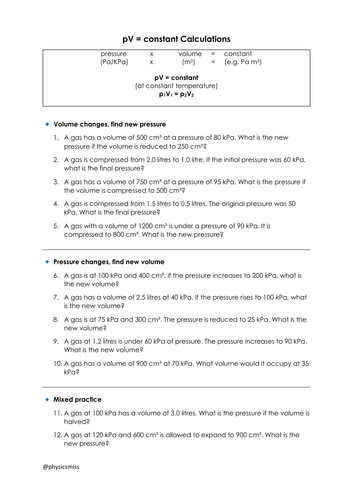 GCSE Physics Worksheets [PV = constant] P1V1 = P2V2 Calculations w ...